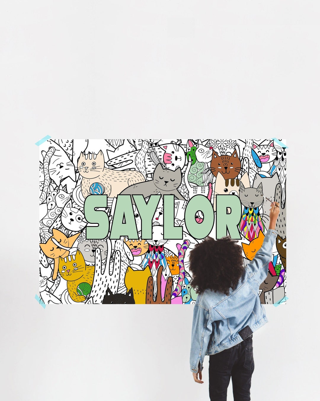 Cat Coloring Poster for Kids With Name, Large Coloring Banner for Wall ...