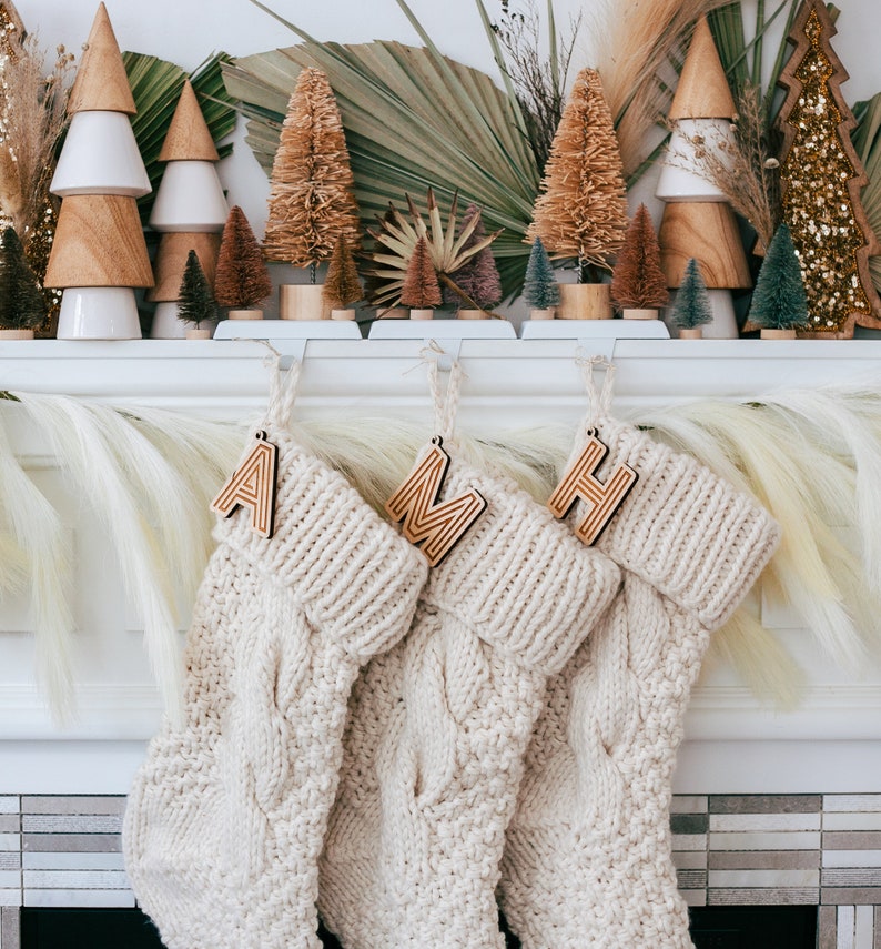 Christmas Stockings Name Tags Boho Contemporary Wood Letters for ...