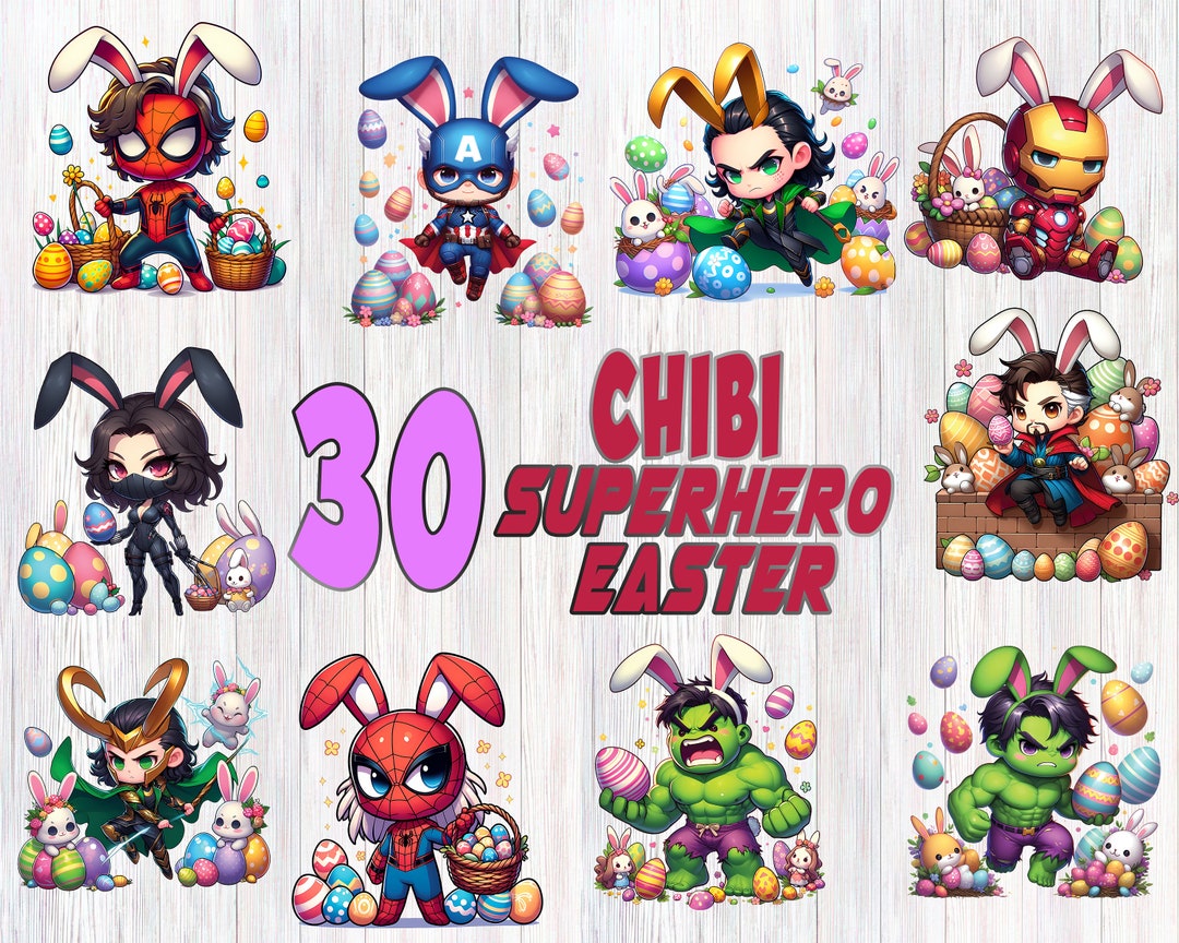 Chibi Superhero Easter Cartoon Png Bundle, Cartoon Easter Png, Happy ...