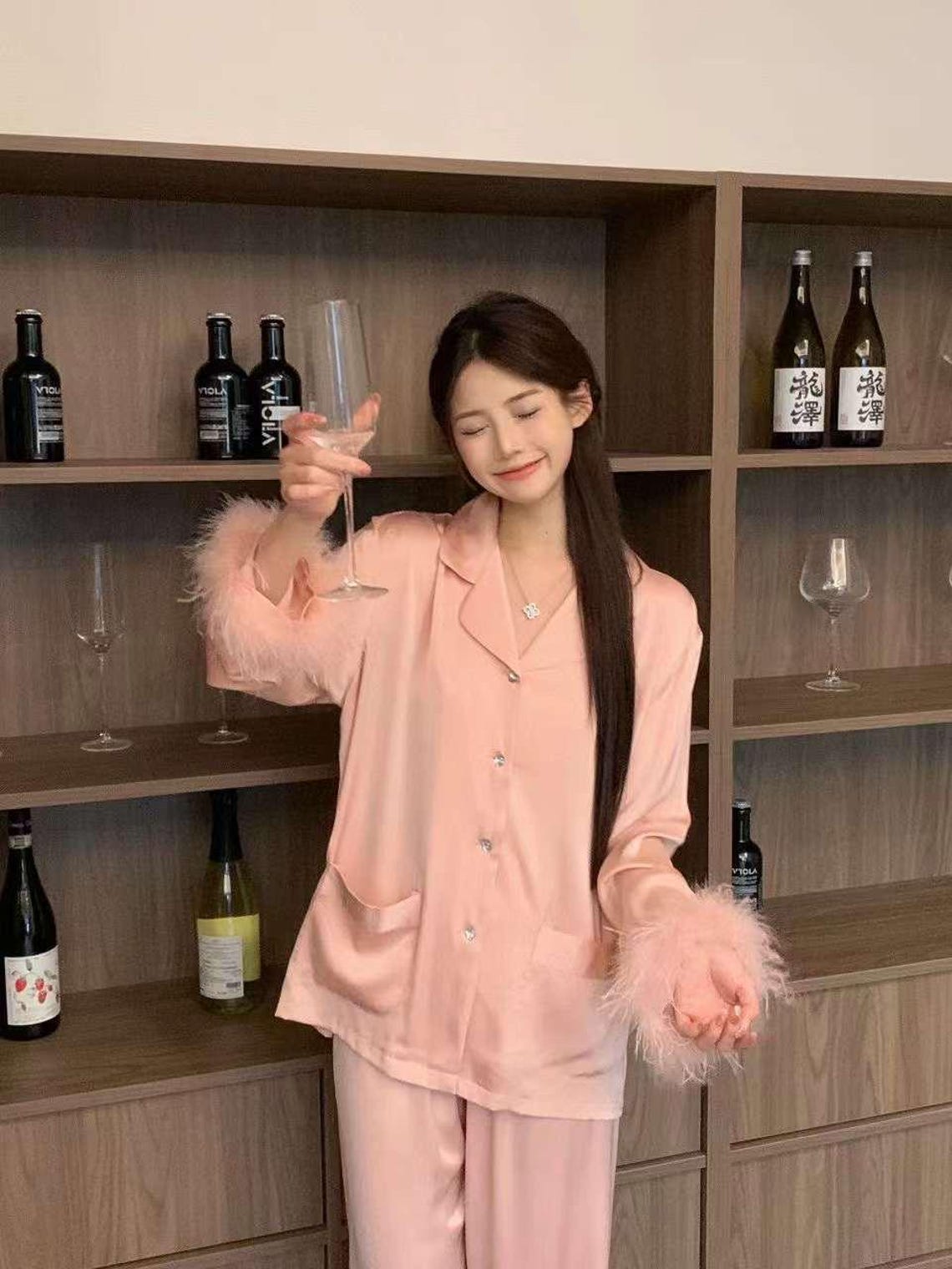 Silken Feather Trim Long Pajama - Etsy