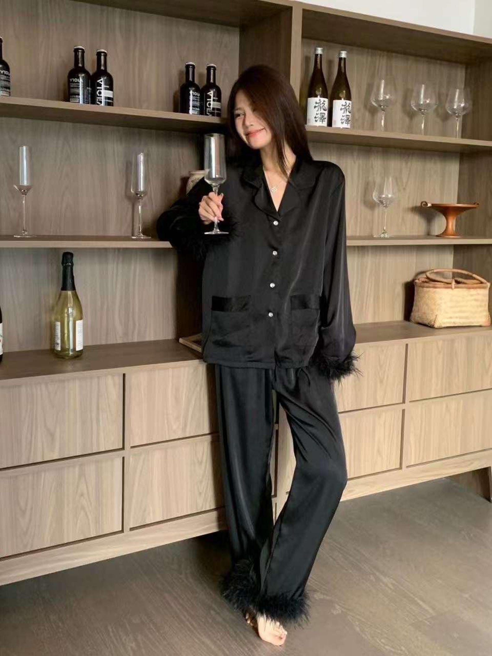 Silken Feather Trim Long Pajama - Etsy