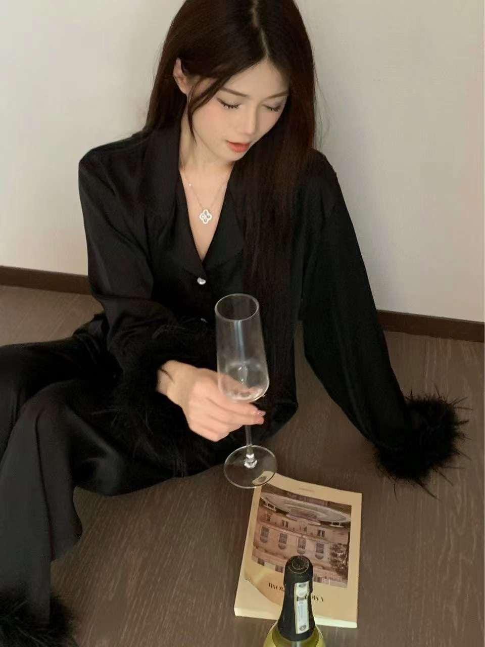 Silken Feather Trim Long Pajama - Etsy