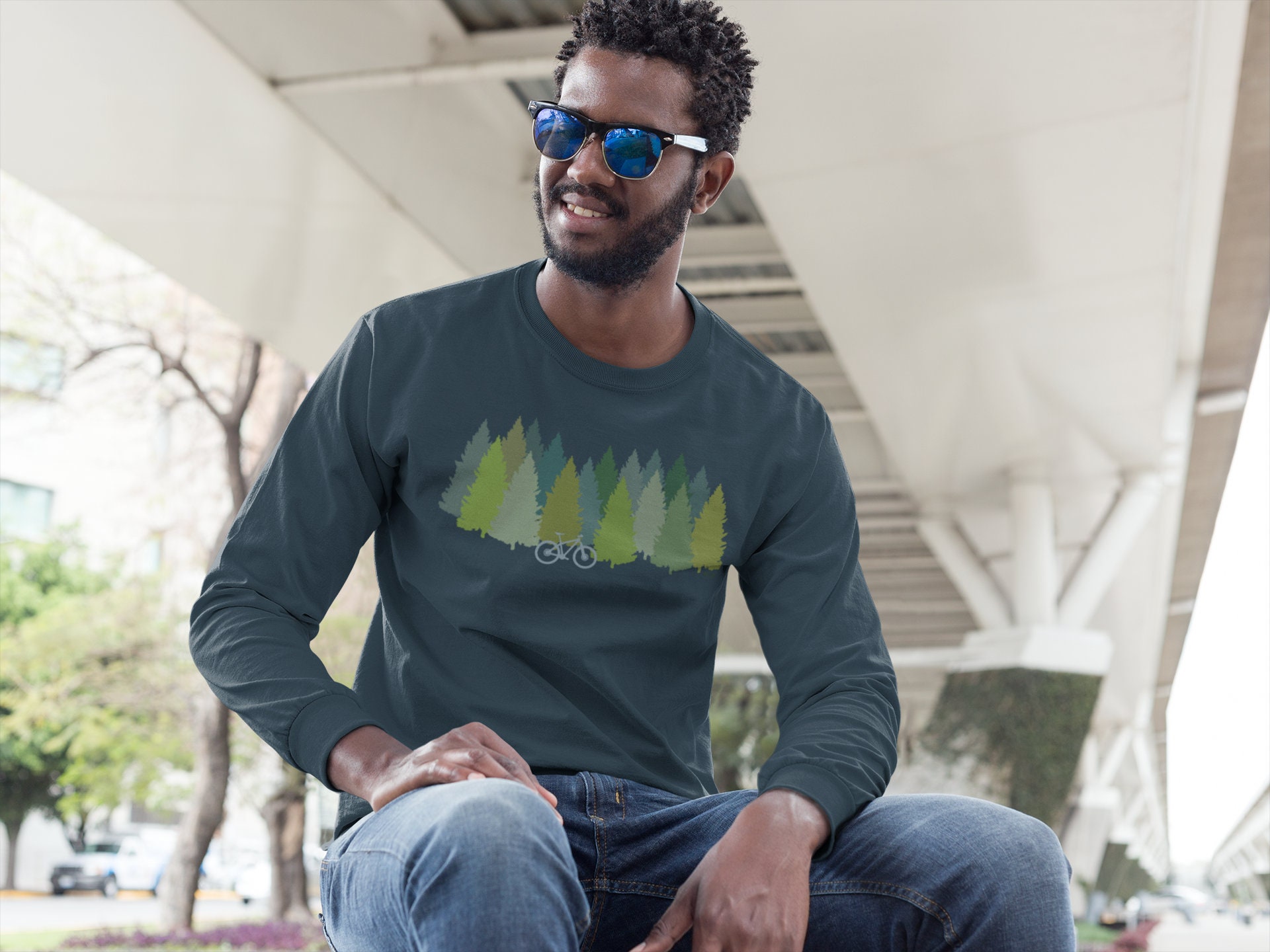 Ride the Trails in Style: Long Sleeve Mountain Bike Pine Forest T-shirt ...