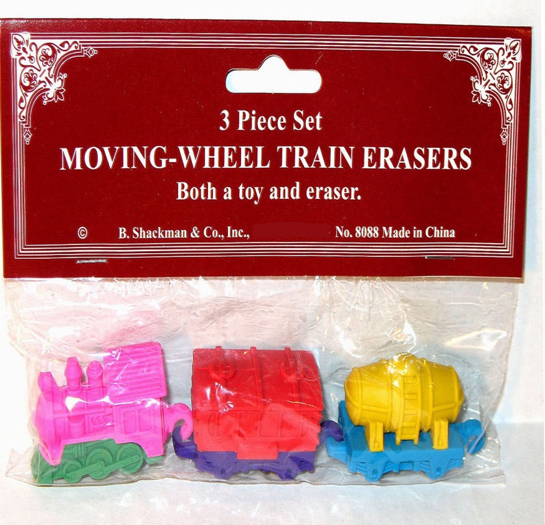 3 Piece Miniature TRAIN ERASER SET With Moving Wheels! Mint Condition ...