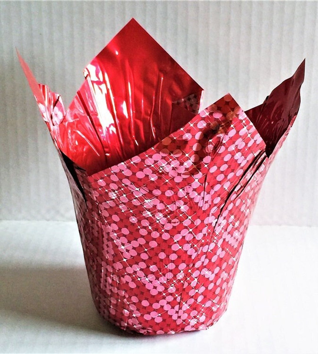 12 Flower Pot Wrappers KWIK COVERS 4.5" Metallic Red & Pink POLKA Dots ...