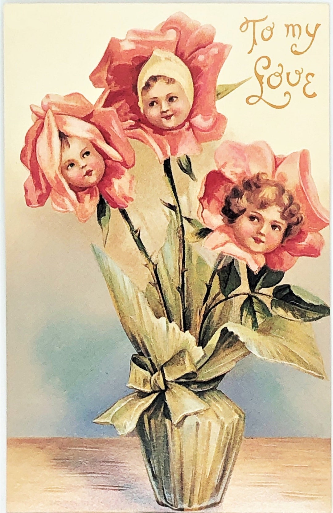 LGBTQ Vintage VALENTINE POSTCARD "to My Love" Rose Head Girls in Flower ...