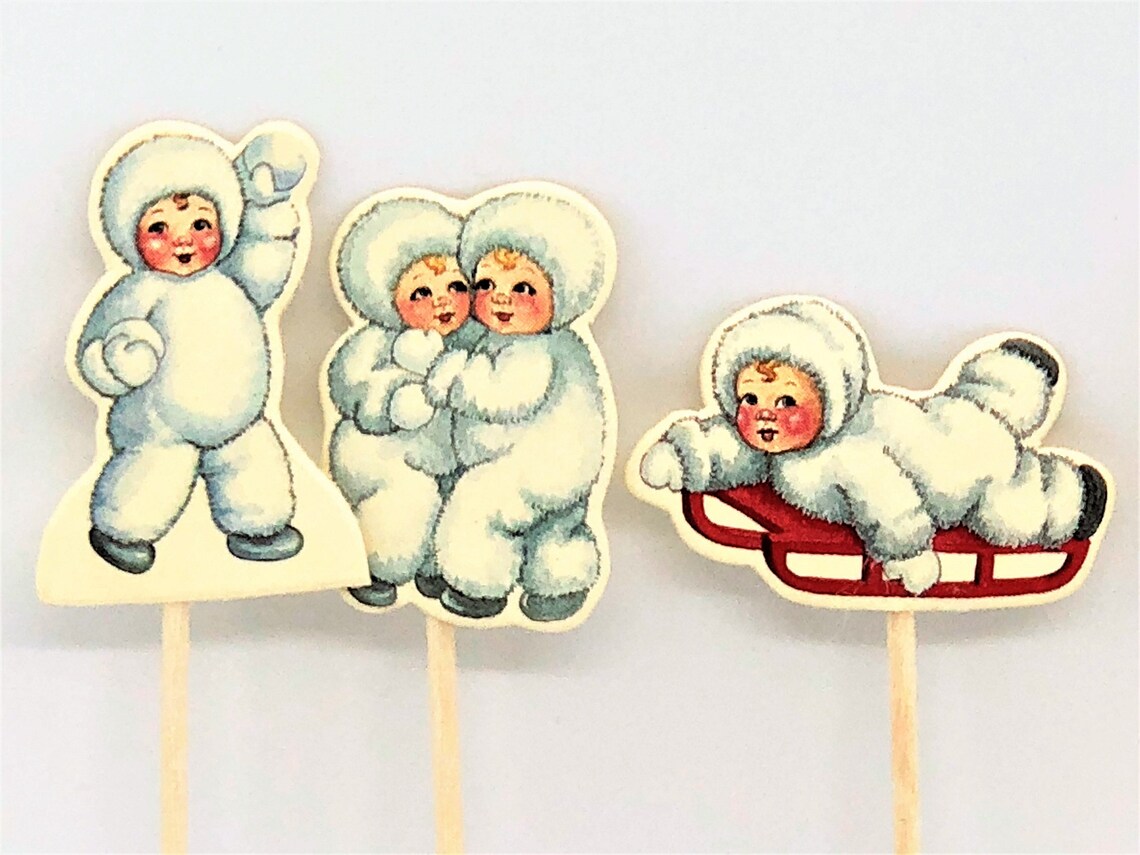 12 Vintage DIECUT SNOWBAll KIDS Party Picks by Artist Judy | Etsy