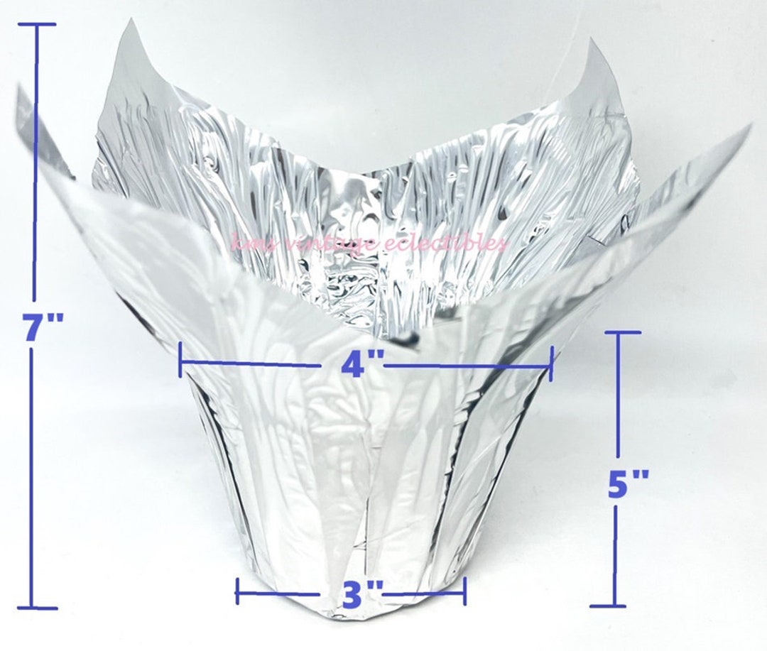 12 Petite Flower Pot Wrappers 4" SILVER FOIL Kwik Covers/dress up Ur ...