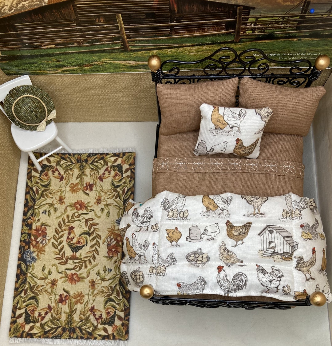Farmhouse Bed With Rooster & Chicken Bedding Dollhouse Scale - Etsy