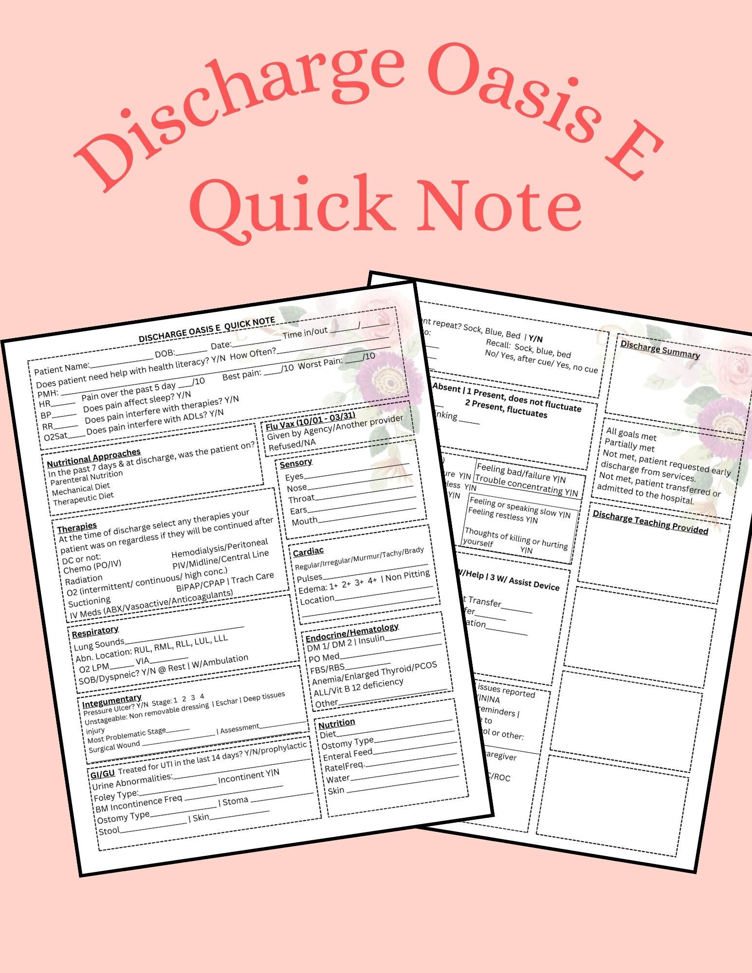 DISCHARGE OASIS E Quick Note for Home Health - Etsy