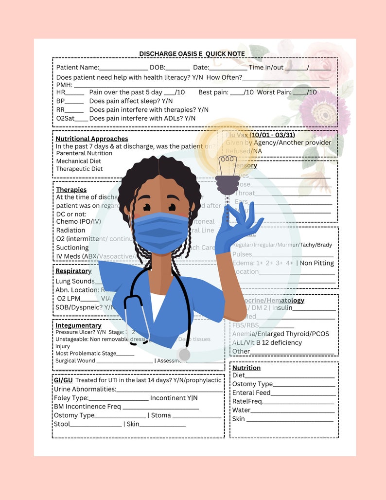 DISCHARGE OASIS E Quick Note for Home Health - Etsy