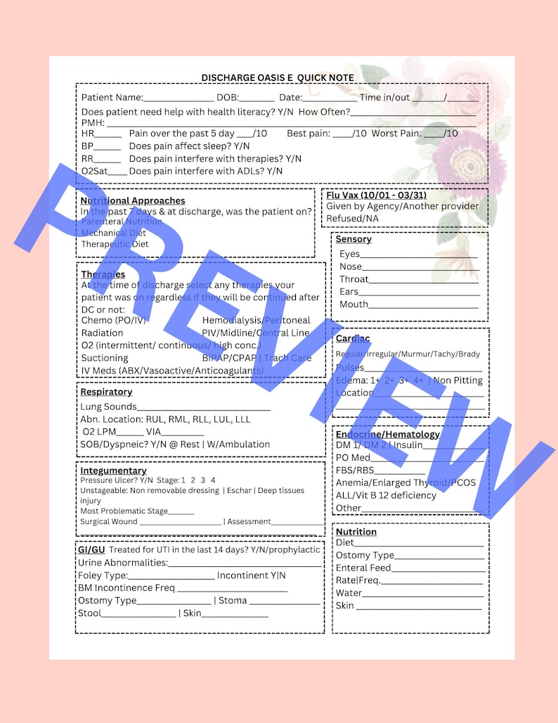 DISCHARGE OASIS E Quick Note for Home Health - Etsy