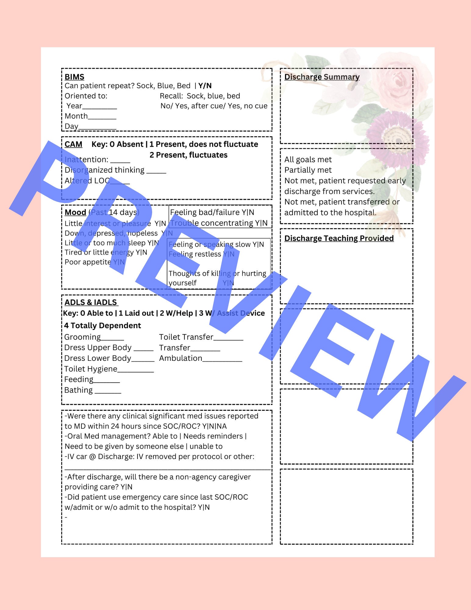 DISCHARGE OASIS E Quick Note for Home Health - Etsy