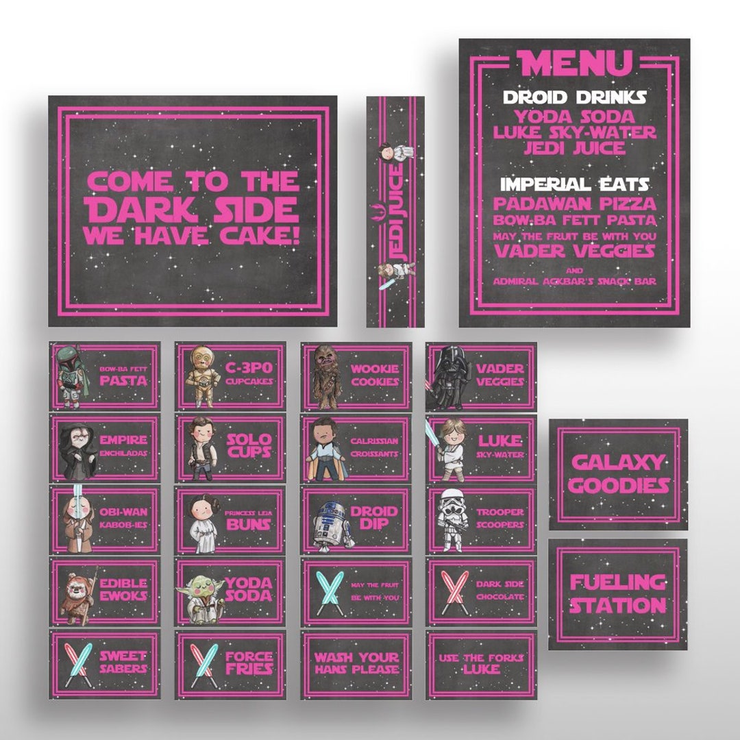 EDITABLE PRINTABLE Star Wars Pink Birthday Party Food Card Tents, Menu ...