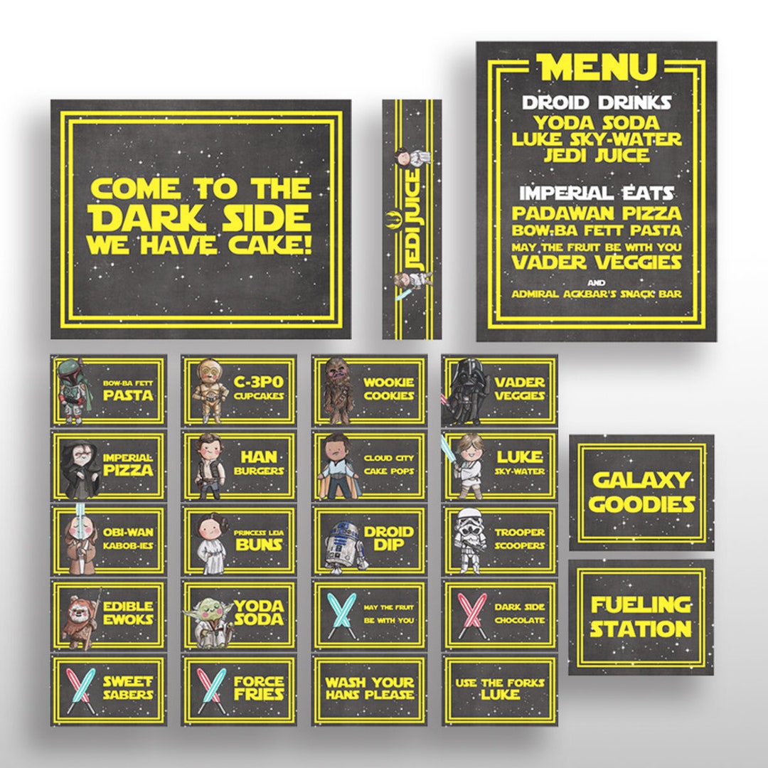 EDITABLE PRINTABLE Star Wars Yellow Birthday Party Food Card Tents ...