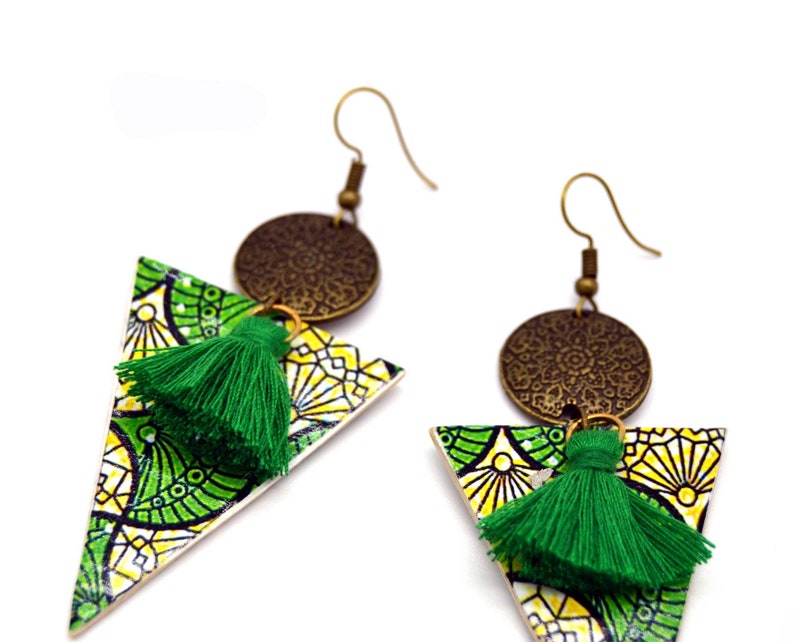 Boucles d'oreilles triangle wax vert jaune et bronze avec | Etsy France