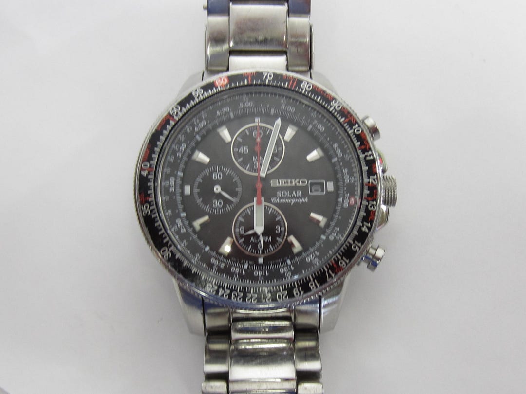 Seiko V172-0AC0 Solar Chronograph Pilot’s Watch – Stainless Steel Bracelet – 43mm - Etsy