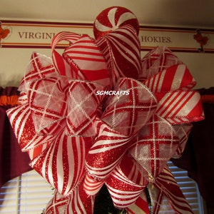 Peppermint Stripe Wired Ribbon Christmas Tree Topper Bow Peppermint ...