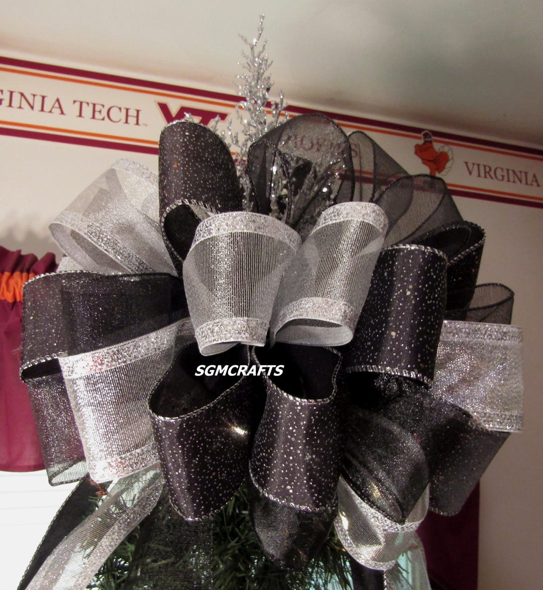 Black and Silver Christmas Tree Topper Bow Holiday Tree Topper Bow Yule ...