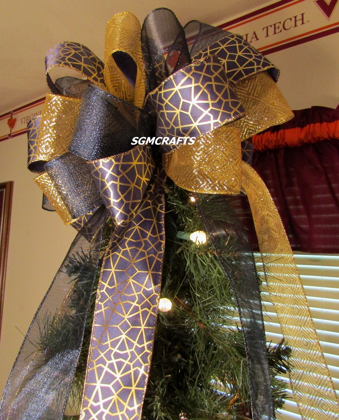 Navy Blue and Gold Christmas Tree Topper Bow Navy Blue and Gold Tree ...
