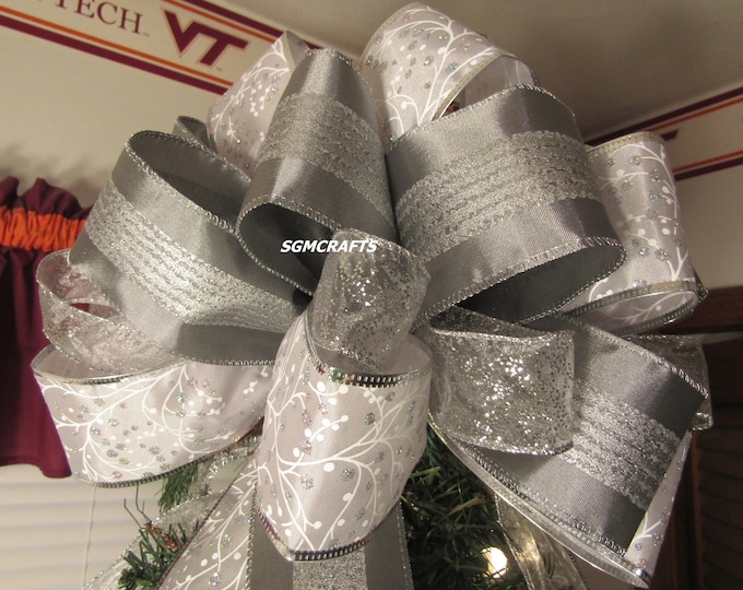 Christmas Tree Topper, Velvet Blue & Silver Poinsettia Tree Topper, XL ...