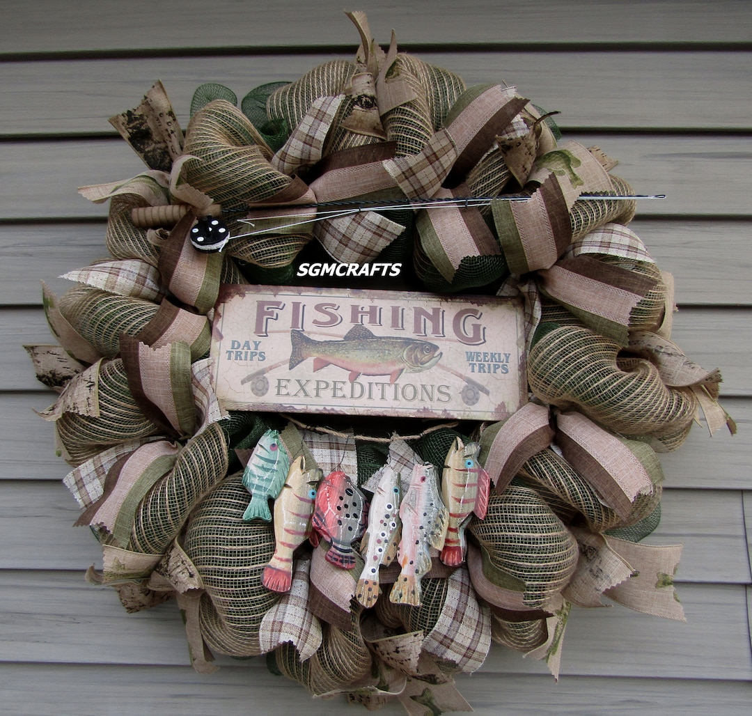 Fishing Deco Mesh Wreath Sportsman's Wreath Fish Wreath Gone Fishing ...