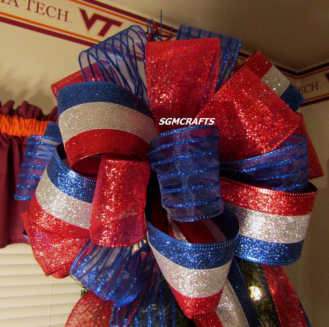 Patriotic Christmas Tree Topper Wired Ribbon Bow Americana Tree Topper ...