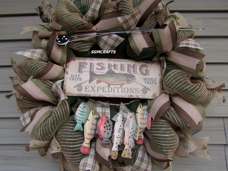 Fishing Deco Mesh Wreath Sportsman's Wreath Fish Wreath Gone Fishing ...