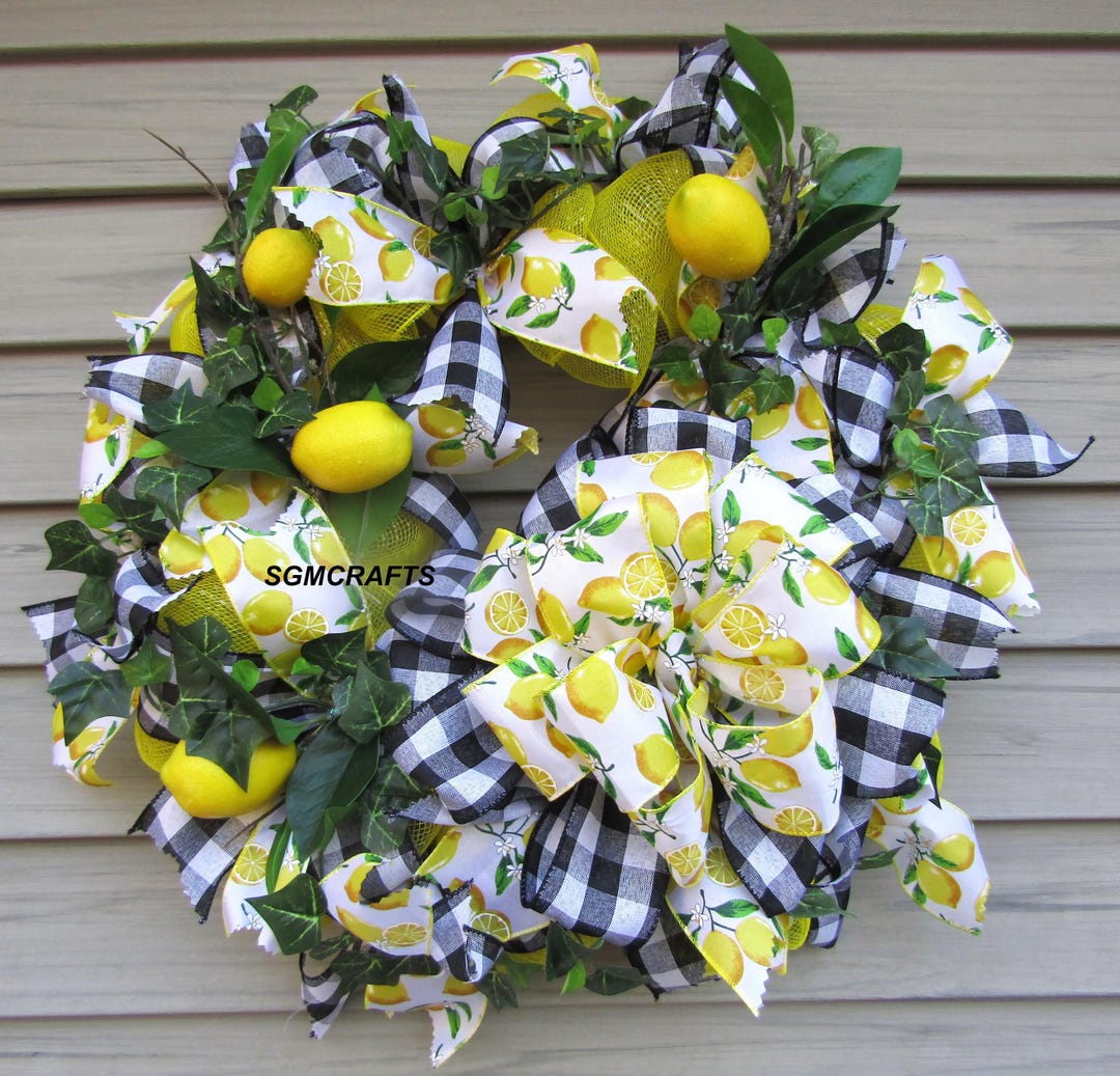 Lemon Wreath Spring Wreath Lemon Deco Mesh Wreath Black and White Plaid ...