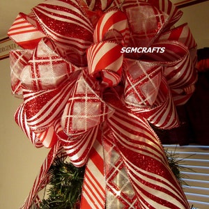 Peppermint Stripe Wired Ribbon Christmas Tree Topper Bow Peppermint ...