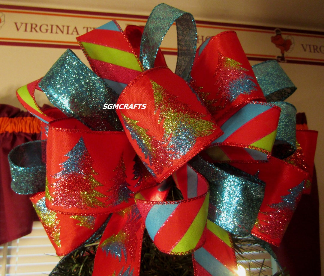 Christmas Tree Topper Bow Red Pink Turquoise and Lime Xmas Tree Bow ...
