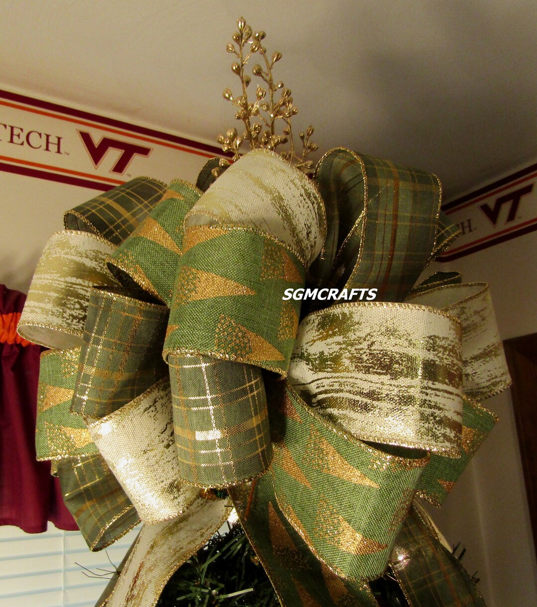 Green and Gold Christmas Tree Topper Bow Holiday Tree Topper Bow Yule ...