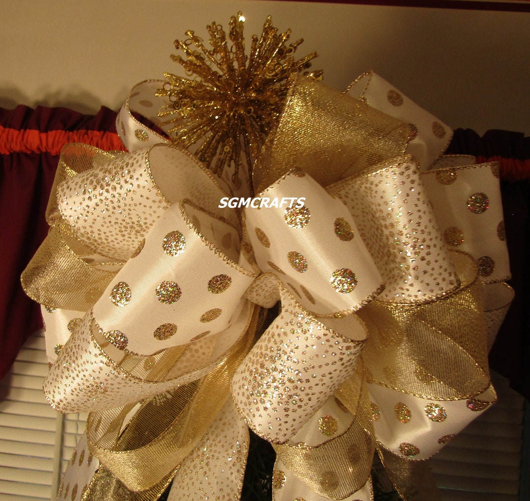 Gold and White Christmas Tree Topper Bow Gold Polka Dot Tree Topper ...
