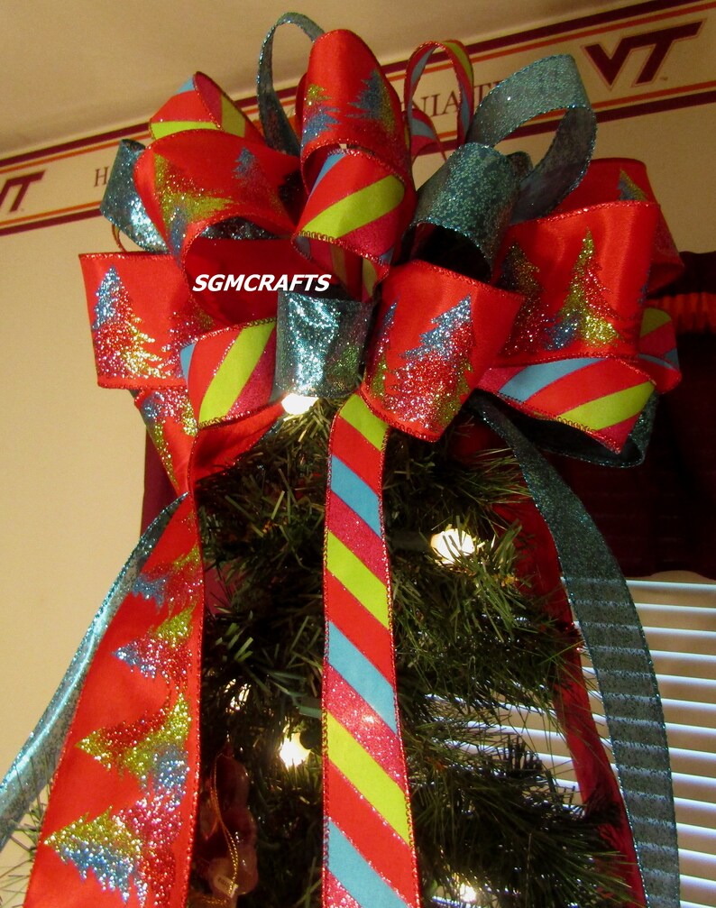 Christmas Tree Topper Bow Red Pink Turquoise and Lime Xmas - Etsy