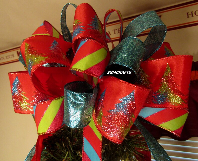 Christmas Tree Topper Bow Red Pink Turquoise and Lime Xmas - Etsy