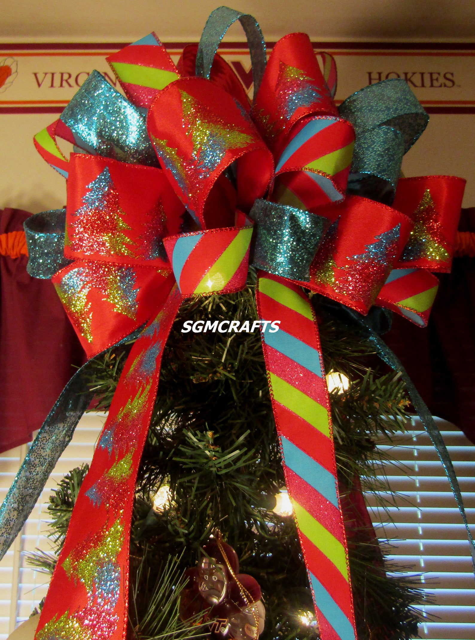 Christmas Tree Topper Bow Red Pink Turquoise and Lime Xmas - Etsy