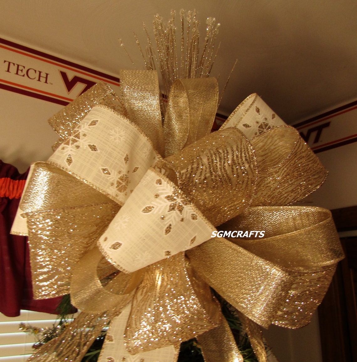Champagne Wired Ribbon Tree Topper Bow Christmas Tree Topper - Etsy