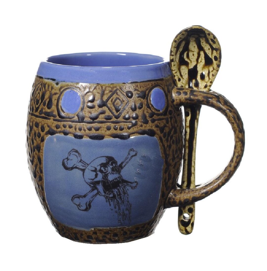 Puking Skull Mug With Spoon in Blue Handmade Ceramic Coffee Mug Stylish ...