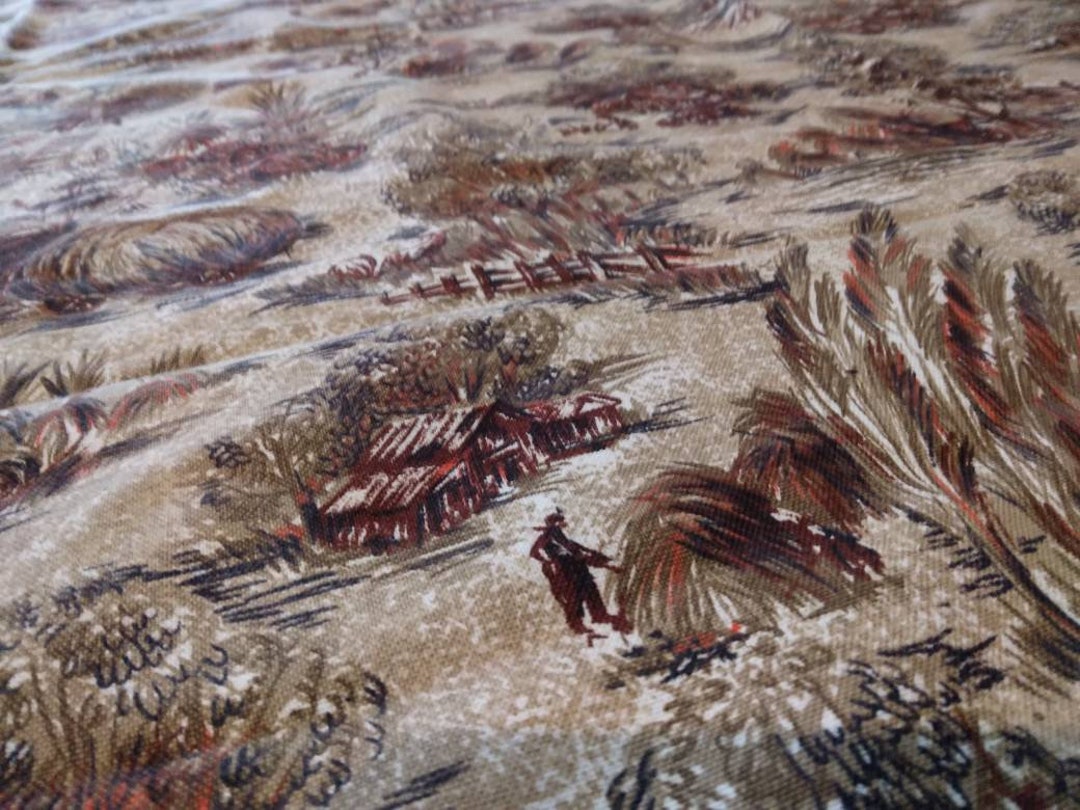 Vintage Barkcloth Era Colonial Treehouse Tiki Hut Toile Cotton Home ...