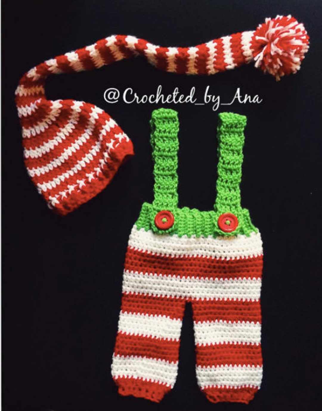 Crochet Elf Long Tail Hat and Overalls Baby Set, Newborn, Baby, Costume ...