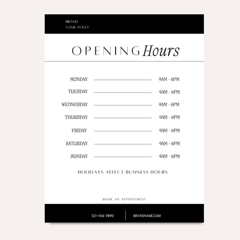 Opening Hours Template, Editable Canva PDF, Minimal Design, Small Business Price List, Instant ...