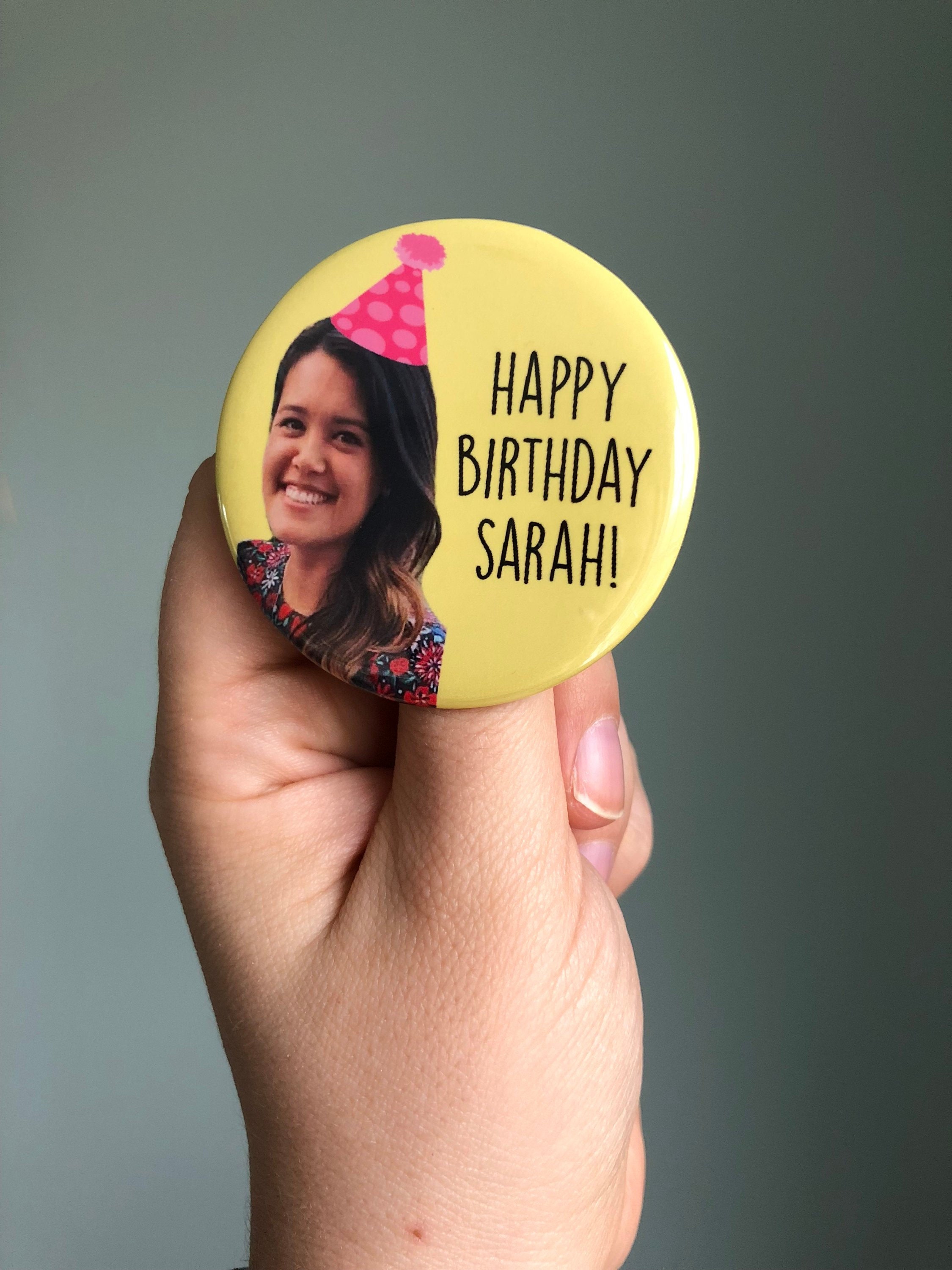 Custom personalized birthday party photo button // HAPPY | Etsy