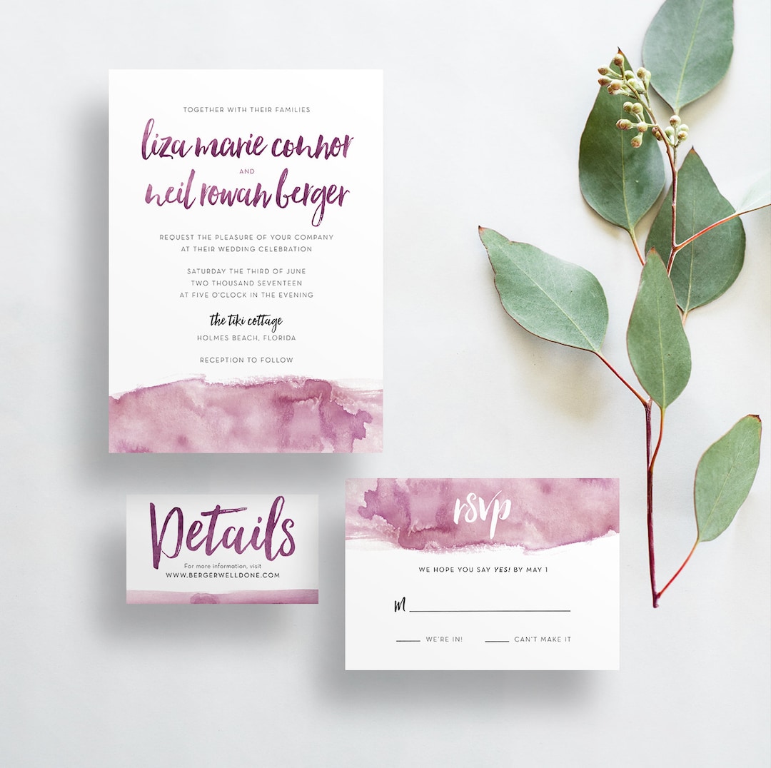 Watercolor Ombre Wedding Invites / Soft Purple / Brush Lettering / Semi ...