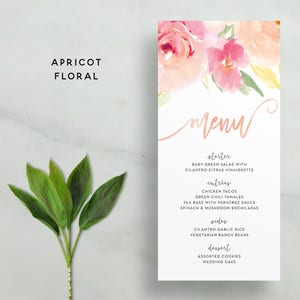 Soft Floral Menus / Watercolor Pink Blush Apricot Tropical Floral ...