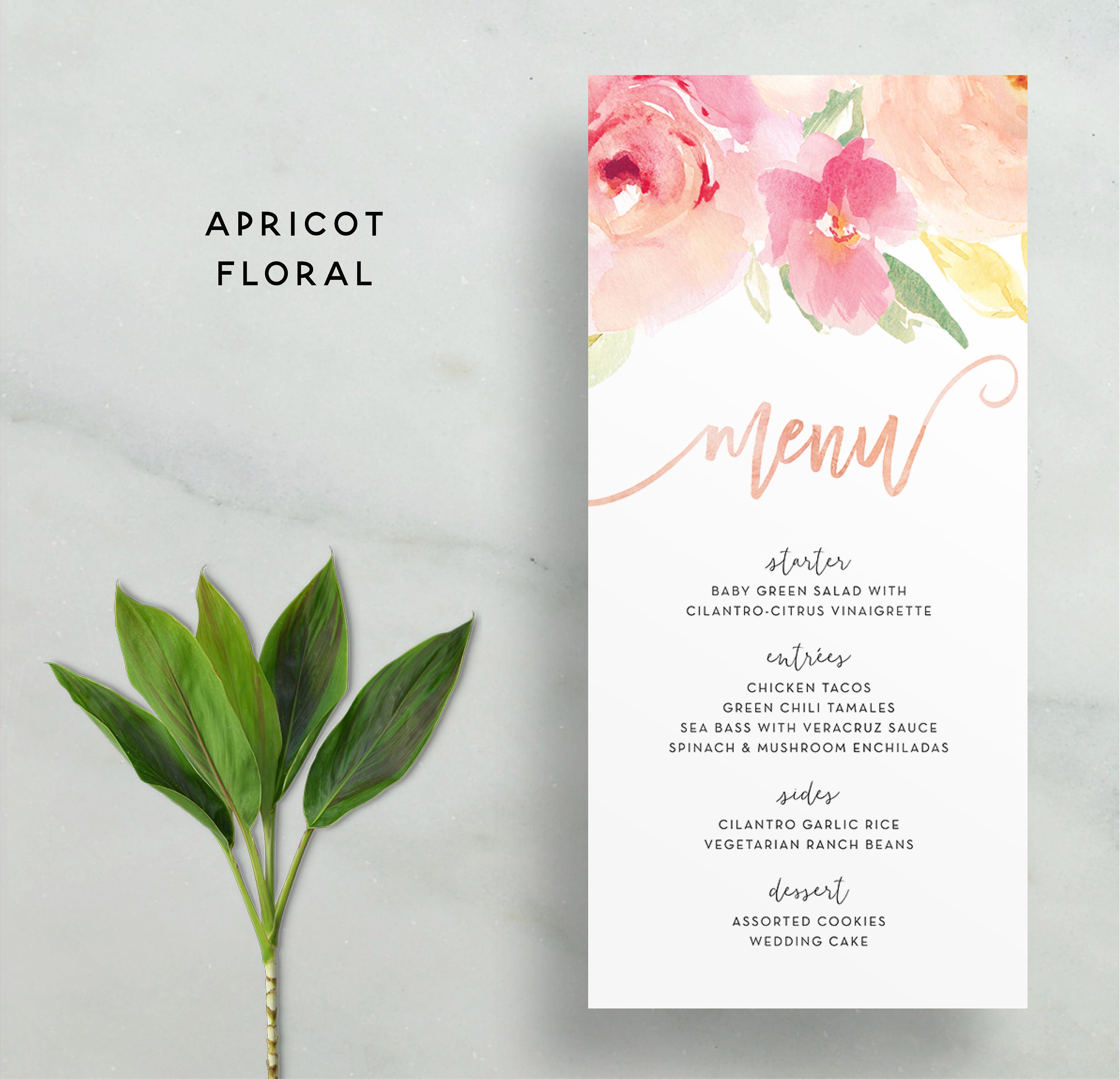 Soft Floral Menus / Watercolor Pink Blush Apricot Tropical - Etsy
