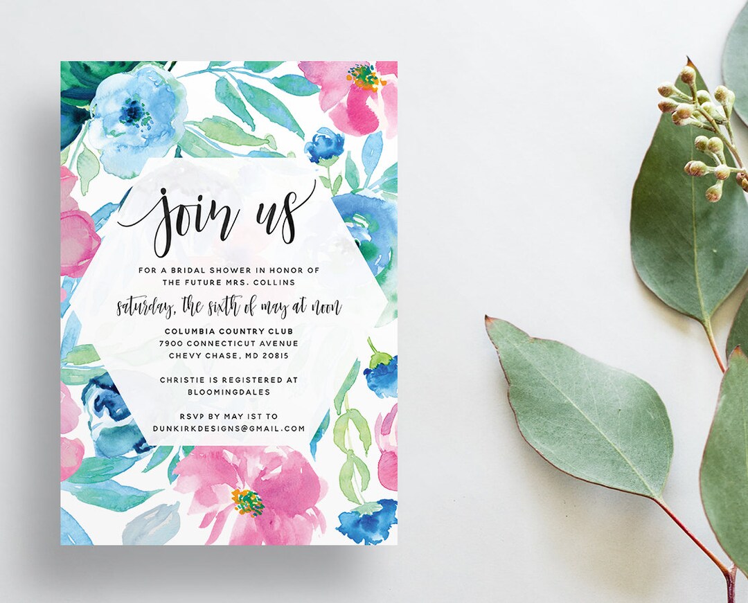 Watercolor Floral Shower Invites / Pink Blue Green Flowers ...