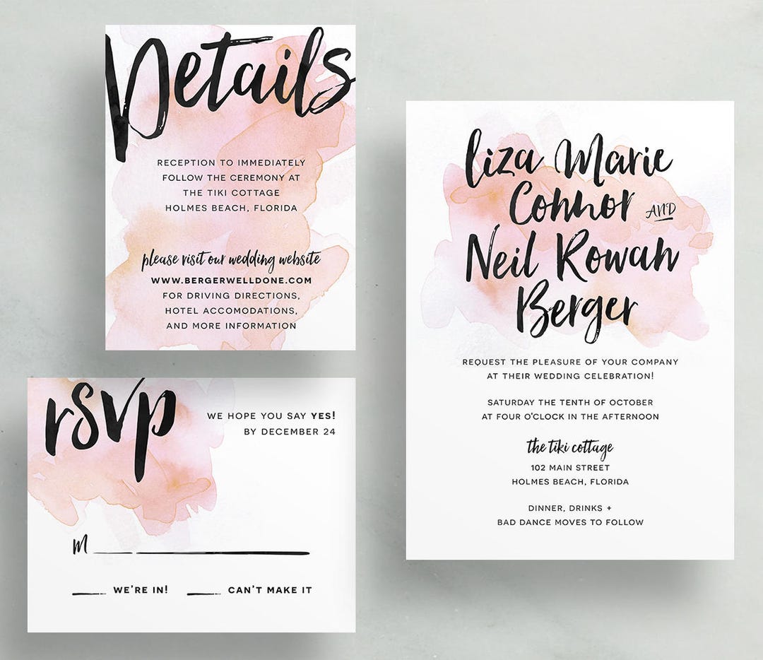 Watercolor Splash Wedding Invites / Blush Rose / Hand Brush Lettering ...