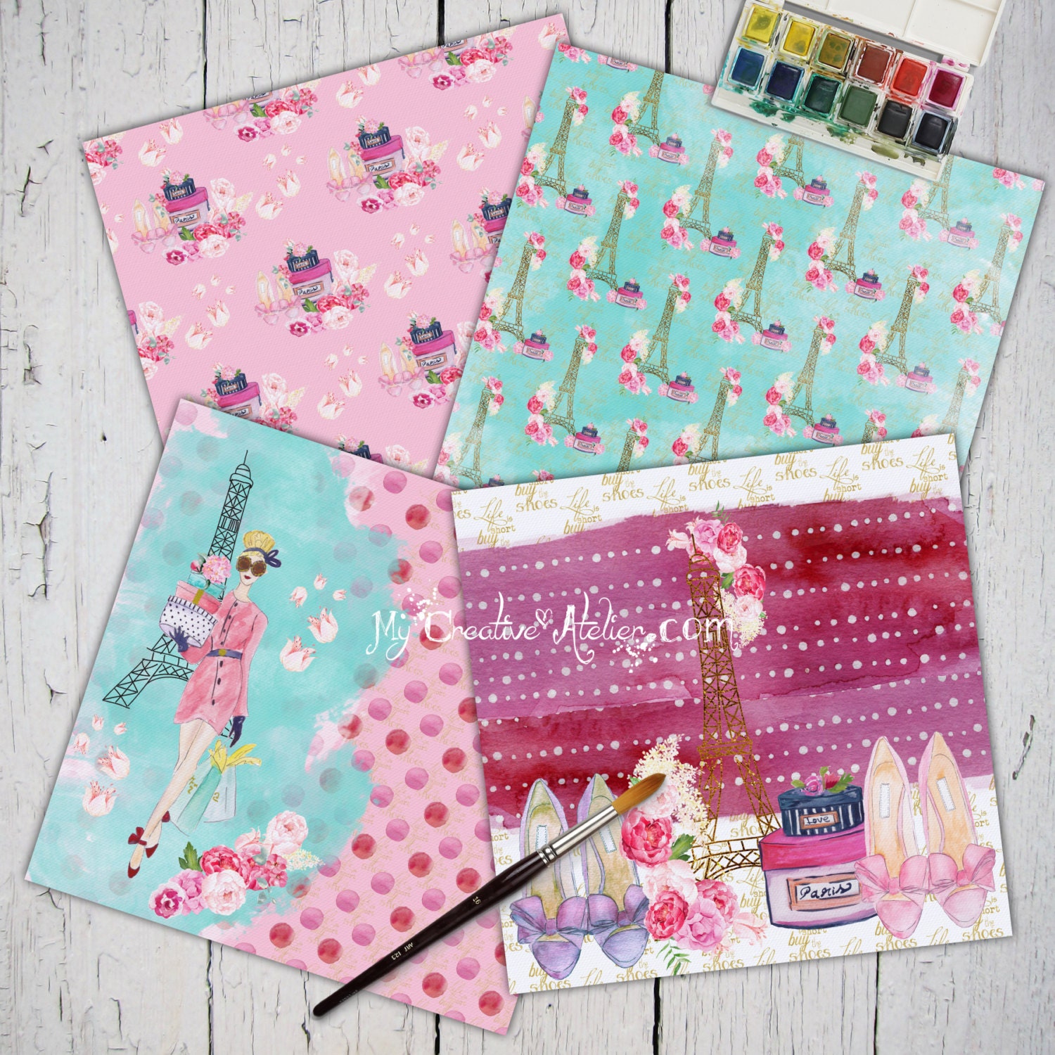 Mixed Media Digital Paper Commercial Use. Watercolor Pattern Paris ...