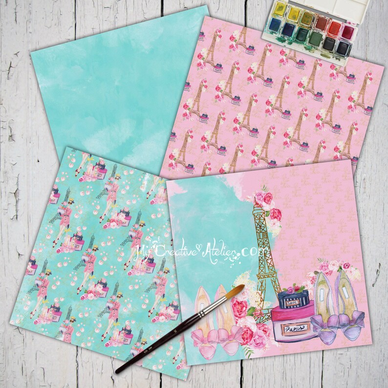 Mixed Media Digital Paper Commercial Use. Watercolor Pattern Paris ...