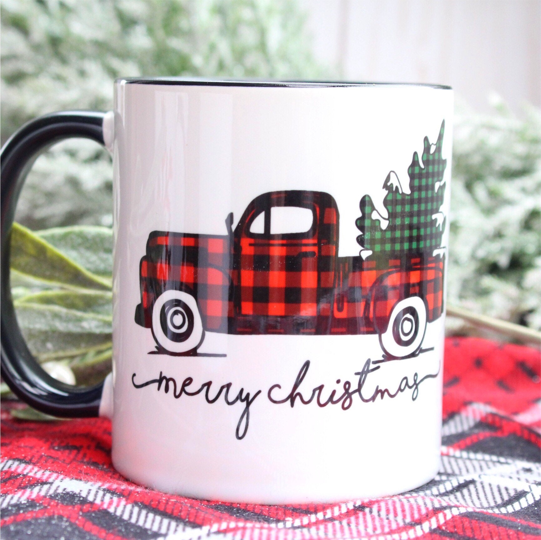 Christmas Truck Mug Plaid Truck Mug Merry Christmas Coffee - Etsy